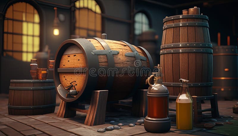 Barrels, Hops, and Brewing Equipment in a Rustic Brewery Stock ...