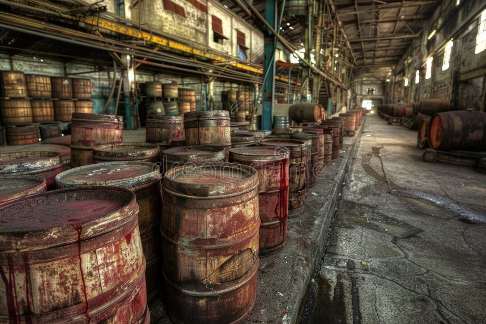 Barrels Stored in a Warehouse, Rows of Containers Stacked High Stock ...
