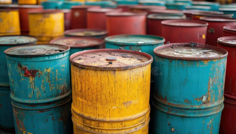 Barrels in Various Colors Stand in Rows, Representing Chemical Waste ...