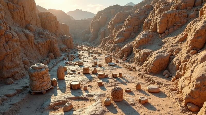 Barren Canyon at Sunset with Ancient Stone Artifacts and Rocky Terrain ...