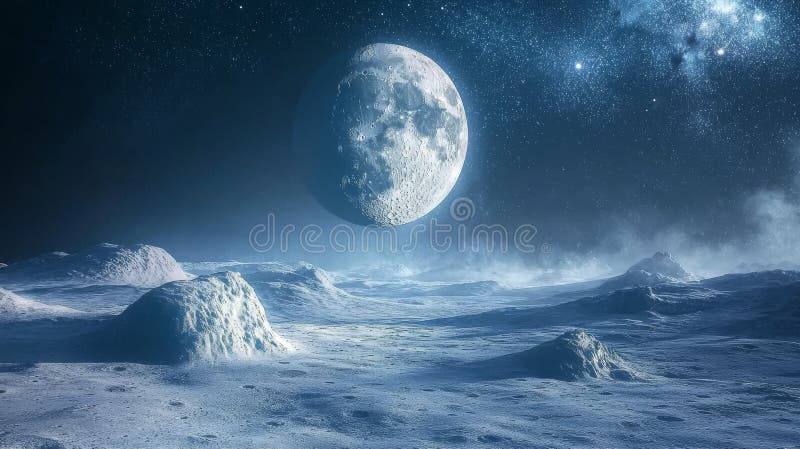 In a Barren, Cratered Landscape, the Night Sky is Lit by a Large, Full ...