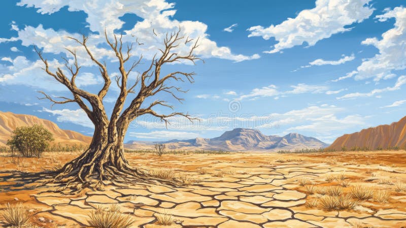 Barren Desert Landscape with Dead Tree and Cracked Earth Under a Sunny ...