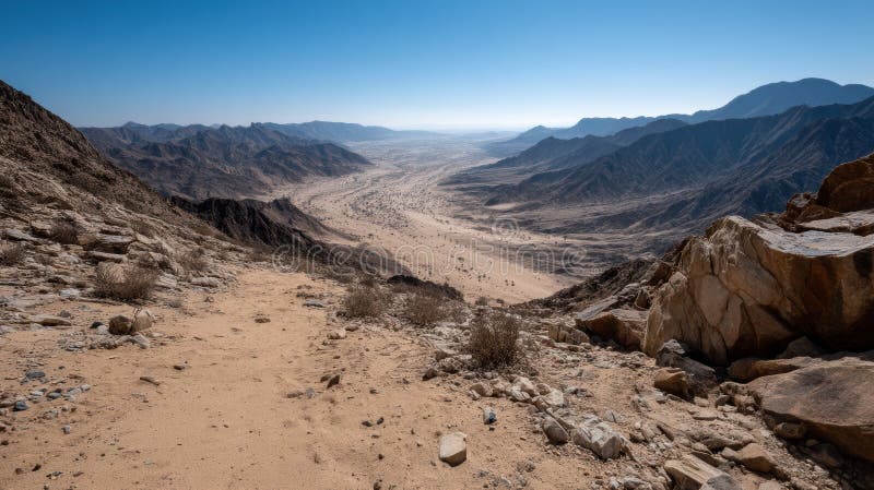 Barren Desert Landscape with Rocky Terrain and Distant Mountains Stock ...