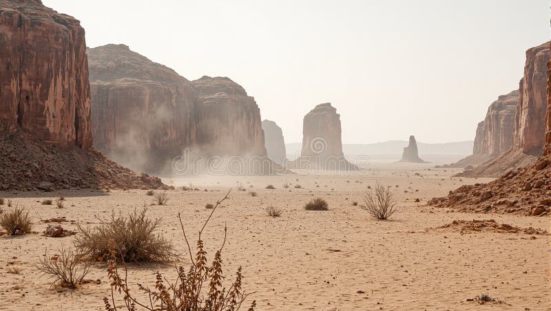 Barren Desert Landscape with Towering Rock Formations and Dry Plants ...
