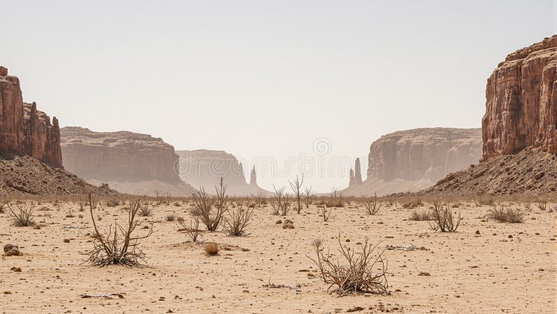 Barren Desert Landscape with Towering Rock Formations and Dry Plants ...