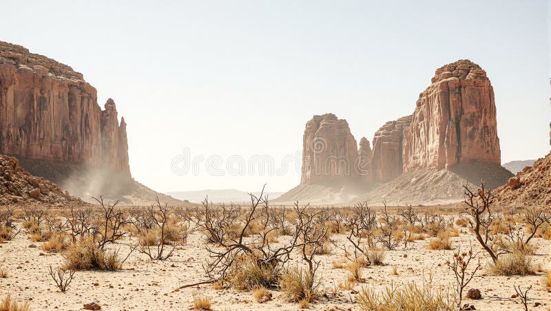 Barren Desert Landscape with Towering Rock Formations and Dry Plants ...