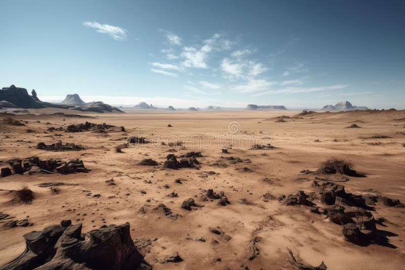 A Barren Desert, with No Signs of Life Except for the Distant Horizon ...