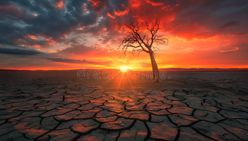 Barren Desert Scene with Cracked Earth, Tree in Sunset Stock ...