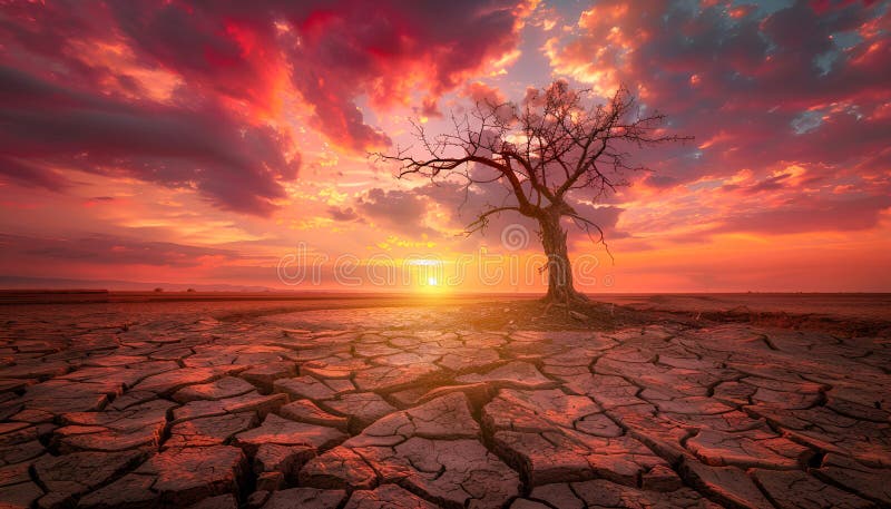 Barren Desert Scene with Cracked Earth, Tree in Sunset Stock ...
