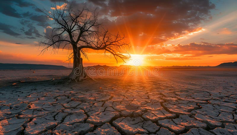 Barren Desert Scene with Cracked Earth, Tree in Sunset Stock ...
