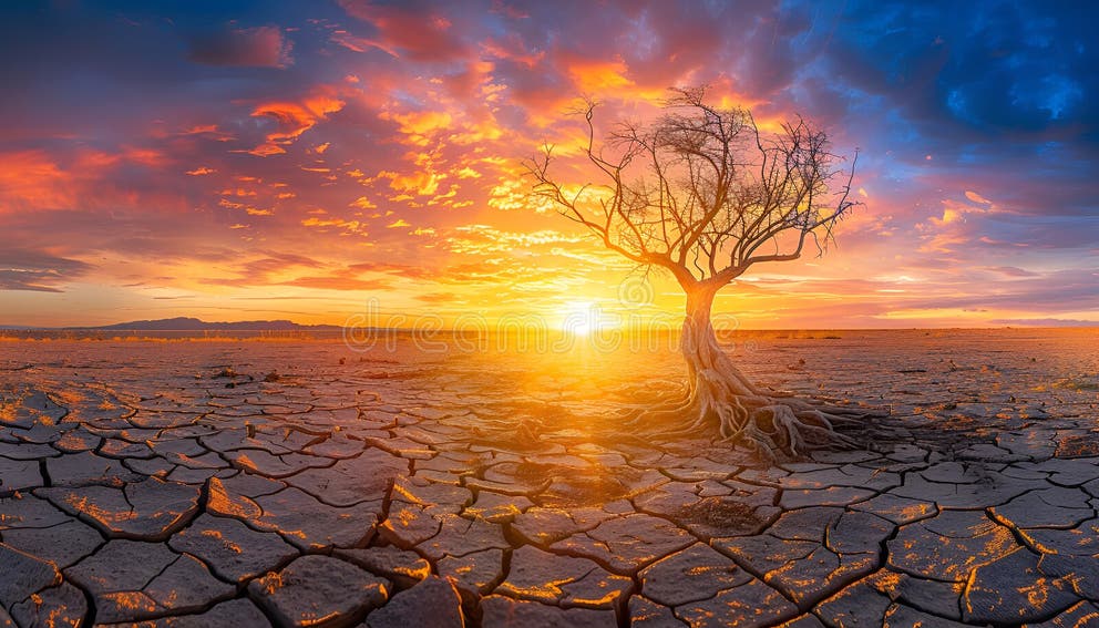 Barren Desert Scene with Cracked Earth, Tree in Sunset Stock ...
