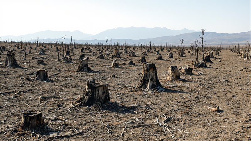 Barren Field with Charred Tree Stumps and Hazy Mountains Stock ...