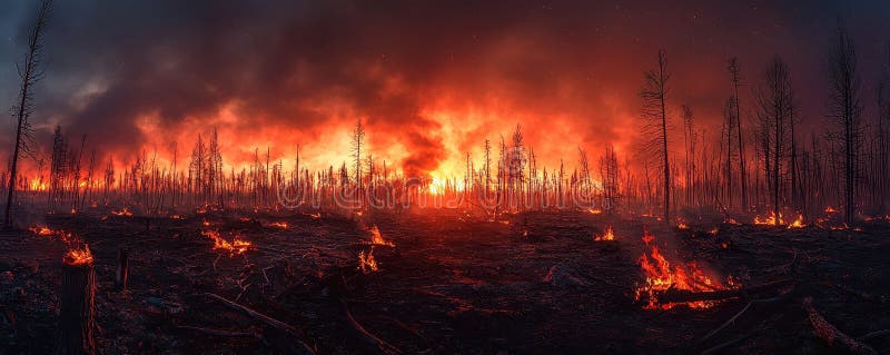 Charred Forest Landscape Devastated by a Wildfire with Smoky Horizon Stock Image - Image of ...