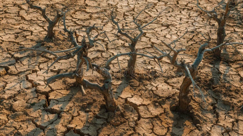 A Barren Landscape Features Dead Trees Rising from Parched Soil ...