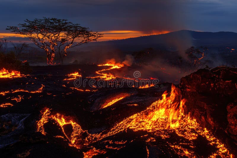 A Barren Landscape with a Single Tree Standing Amidst Molten Lava Flows ...