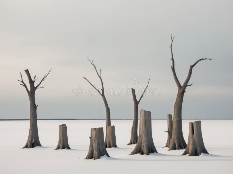 Barren Landscape with Tree Stumps Under Overcast Sky. Stock ...