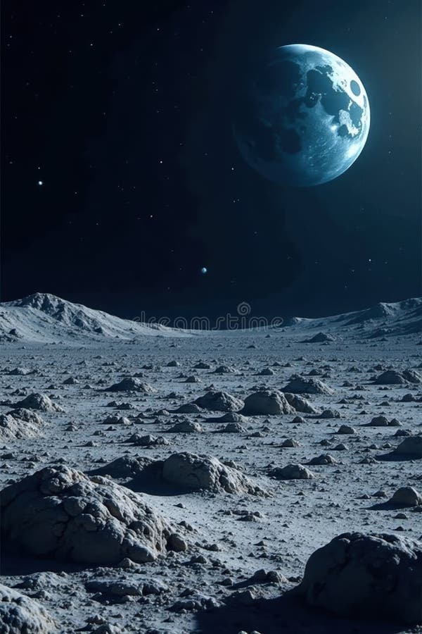 Barren Lunar Surface, Scattered Meteorites, Distant Blue Earth , Rugged ...