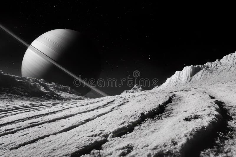 View of a Lunar Landscape with Tracks and Saturn in the Night Sky Stock ...