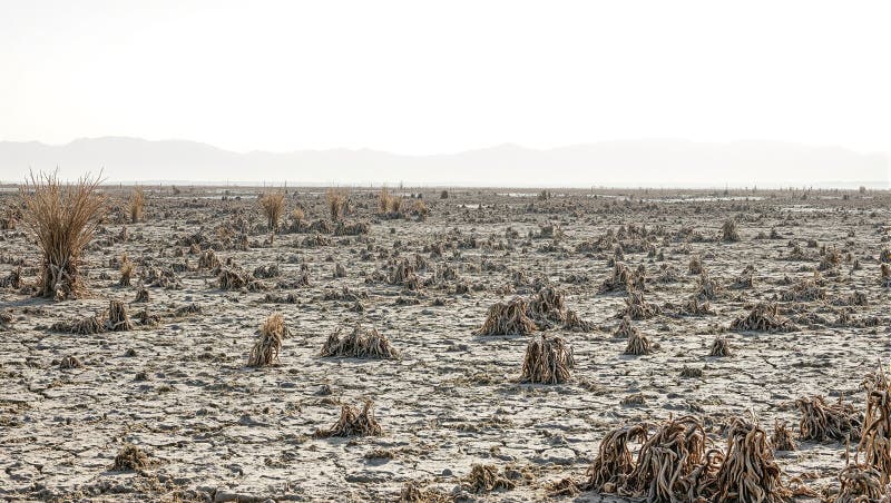 Barren Marshland with Cracked Mud Dead Plants and Distant Mountains ...