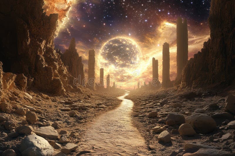 Dramatic Landscape of a Barren Planet Under a Vibrant Cosmic Sky at ...