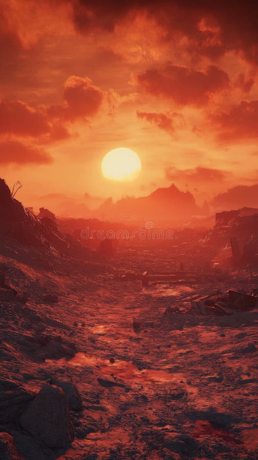 A Barren Post-apocalyptic Landscape after Volcanic Eruption at Sunset ...