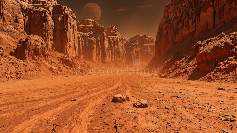 Barren Red Desert Planet with Rocky Terrain and Dust Clouds Stock ...