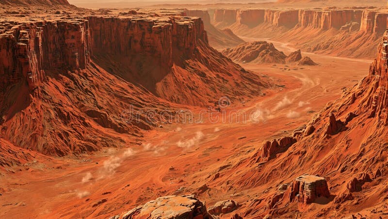 Barren Red Desert Planet with Rocky Terrain and Dust Clouds Stock ...