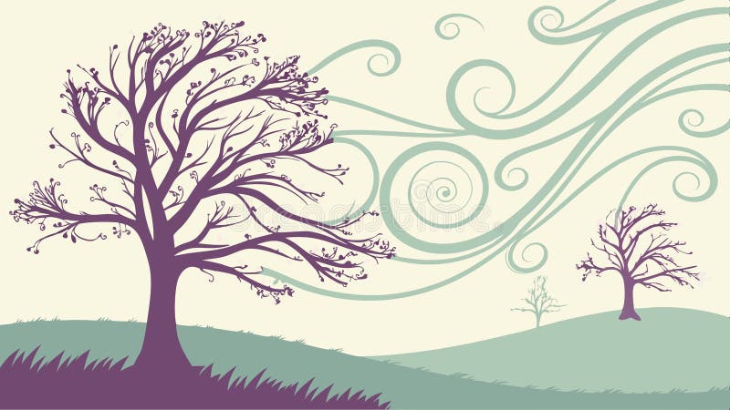 Barren Tree with Wind Swirling Around, Abstract Nature Scene Vector ...
