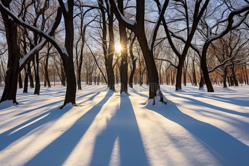 Barren Trees Casting Long Shadows on Snow Stock Illustration ...