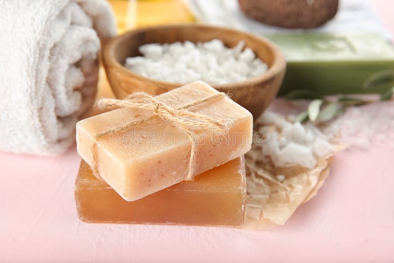 Bars of Natural Soap on Table Stock Photo - Image of soap, healthy ...