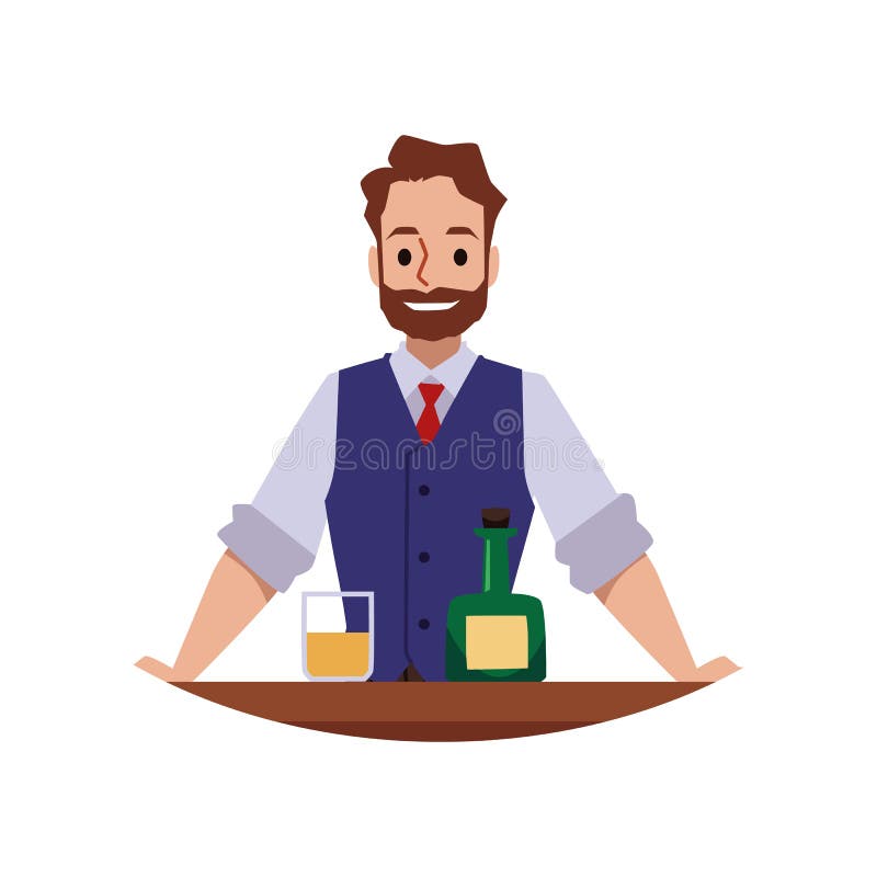 Bartender or Barkeeper Behind Bar Counter, Flat Vector Illustration ...