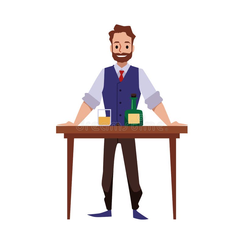Bartender or Barman Smiling Bearded Man Flat Vector Illustration ...