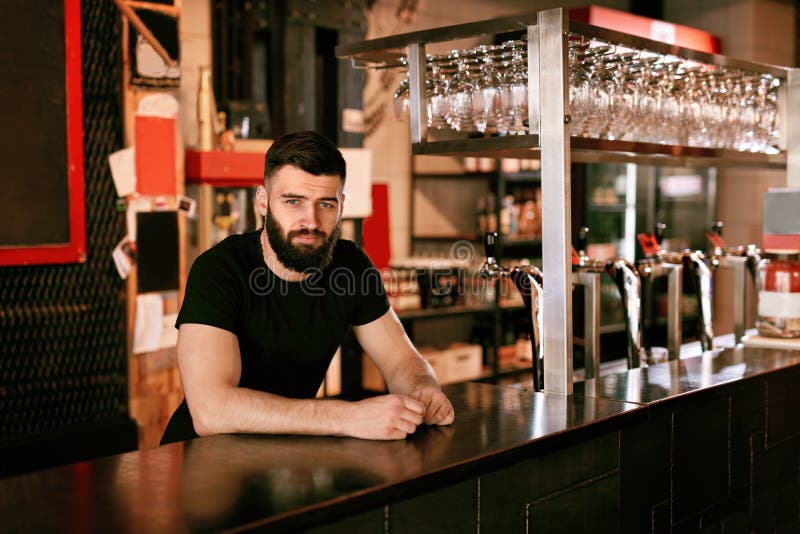 Bartender in Beer Pub. Portrait of Man at Bar Counter Stock Image ...