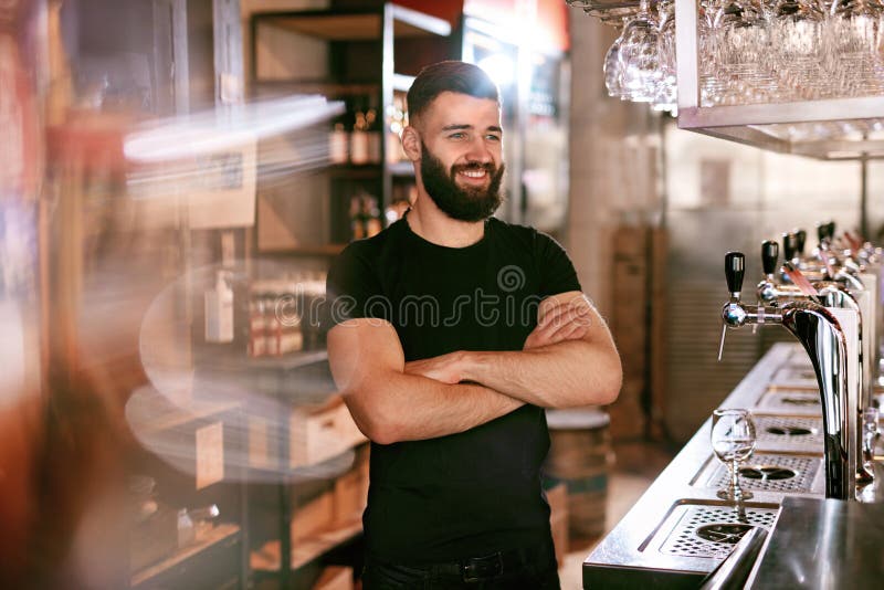 Bartender in Beer Pub. Portrait of Man at Bar Counter Stock Image ...