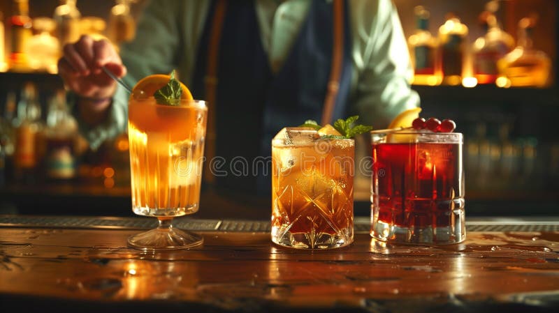 A Bartender is Behind a Bar with Three Different Drinks on the Counter ...