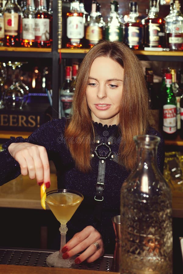 Bartender-girl Mixing Cocktail Behind the Counter Stock Photo - Image ...