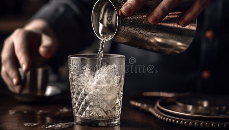 The Bartender Hand Pouring Fresh Whiskey into a Transparent Glass ...