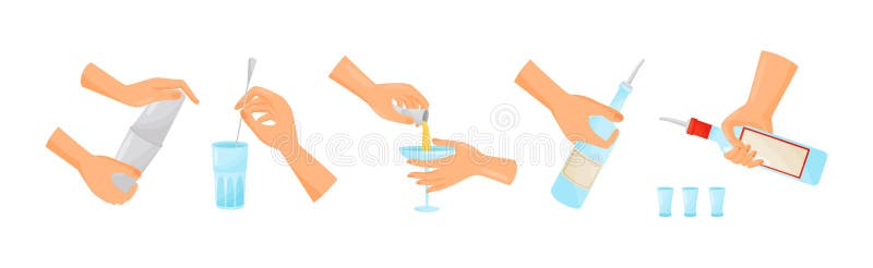 Bartender Hands Pouring and Mixing Cocktails in Glass Vector Set Stock ...