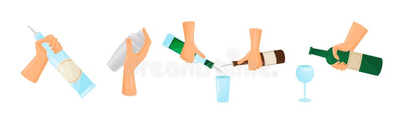 Bartender Hands Pouring and Mixing Cocktails in Glass Vector Set Stock ...