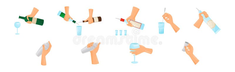 Bartender Hands Pouring and Mixing Cocktails in Glass Vector Set Stock ...