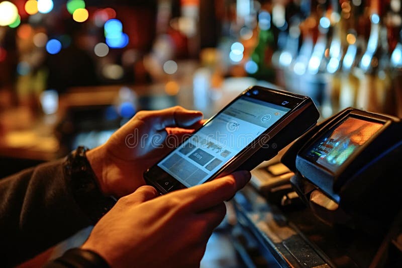 Bartender Holding Smartphone with Open Ordering App in Bar Stock Photo ...