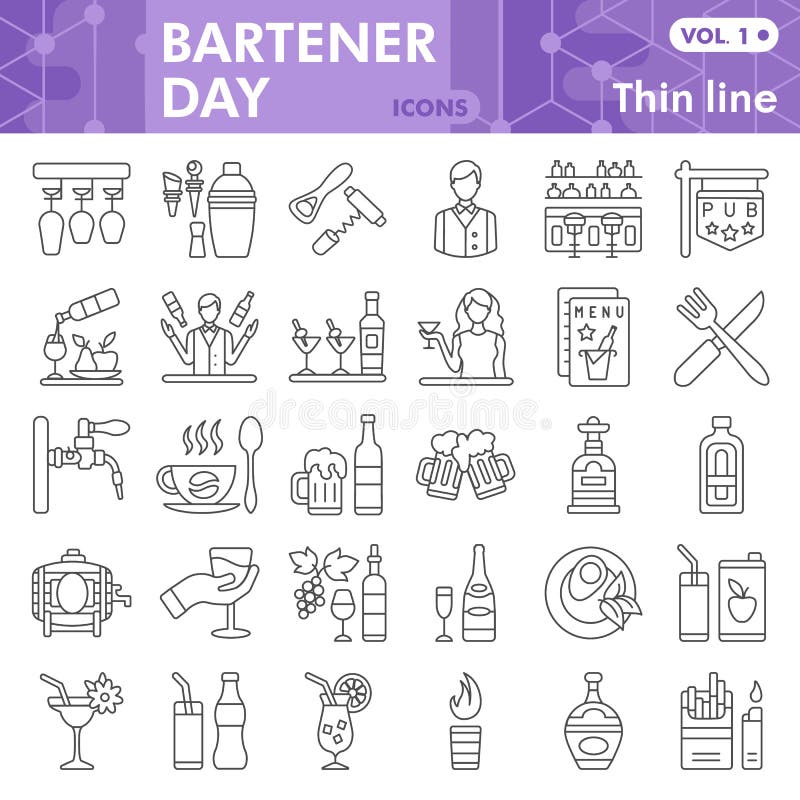 Bartender Line Icon Set, Alcoholic Beverages Symbols Collection or ...