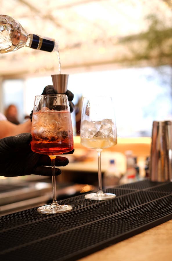 The Bartender Makes a Cocktail in the Restaurant at the Bar. Refreshing ...