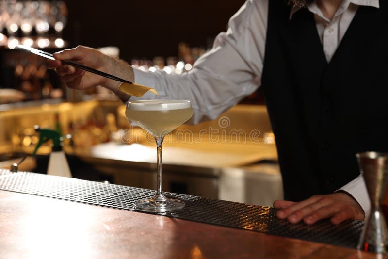 Bartender Making Fresh Alcoholic Cocktail at Bar Counter, Closeup Stock ...