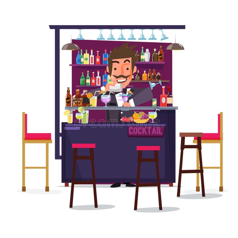 Bartender Man with Bar and Cocktail. Character Design - Stock ...