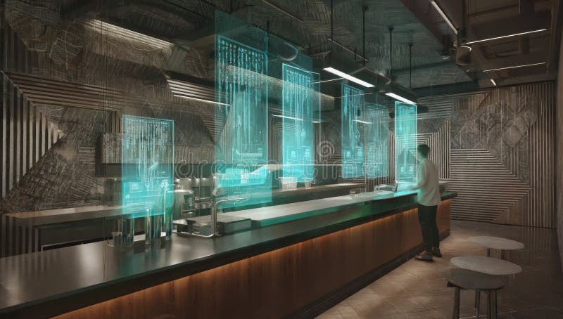 Bartender Managing Futuristic Bar Using Holographic Interface Stock ...