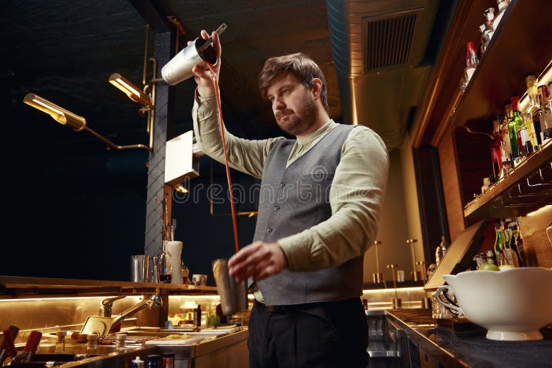 Bartender Mixing Cocktail Using Traditional Shaking Cups Stock Image ...