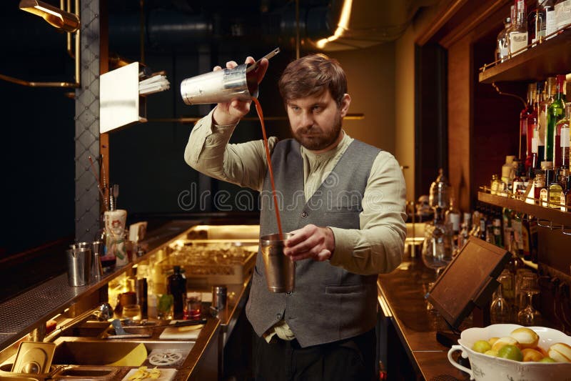 Bartender Mixing Cocktail Using Traditional Shaking Cups Stock Photo ...