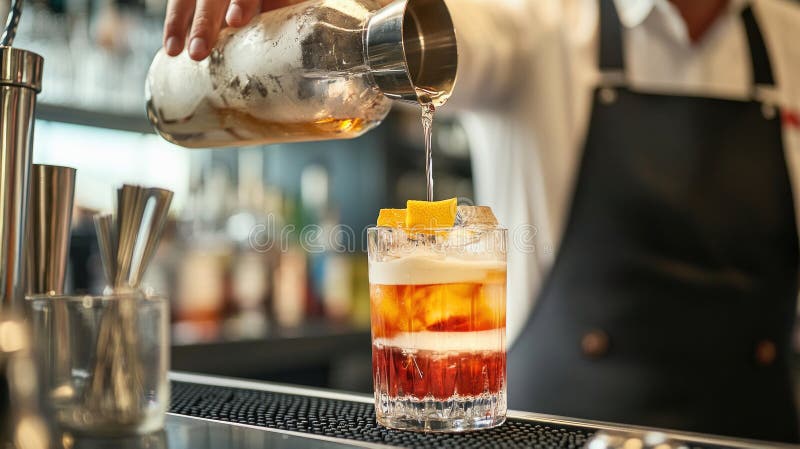 Bartender Pouring Cocktail from Shaker into Glass at Bar Counter Stock ...