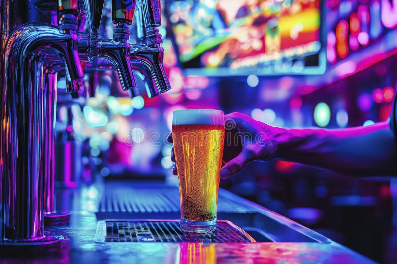Bartender Pouring Draft Beer in Vibrant Sports Themed Bar Setting Stock ...